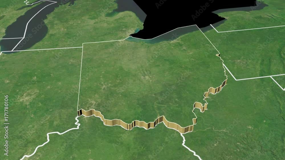 Ohio state (USA) extruded on the satellite map of North America ...