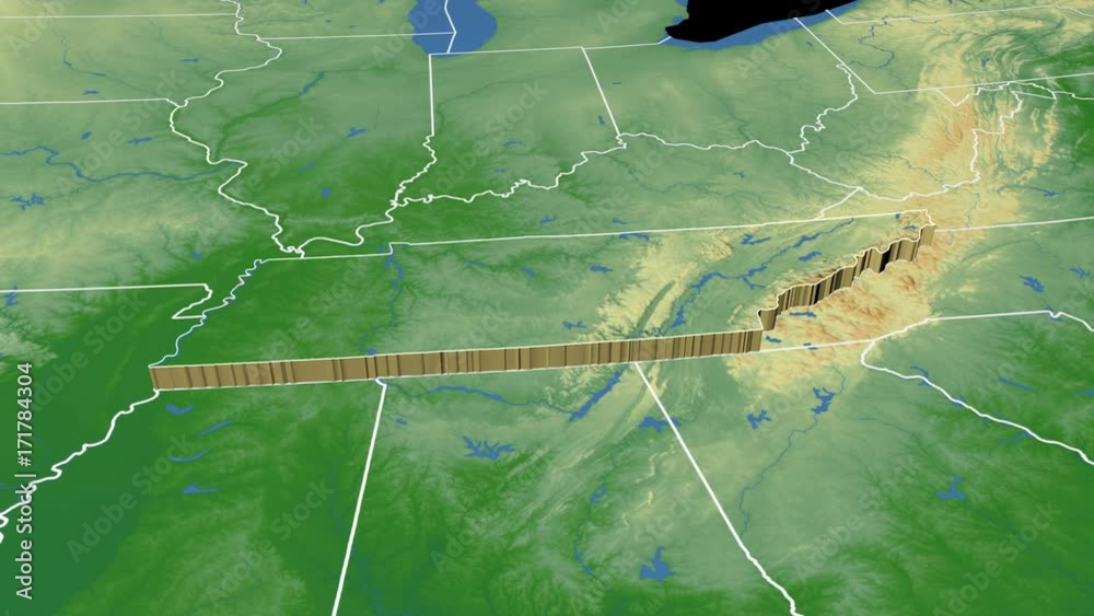 Tennessee state (USA) extruded on the physical map of North America ...