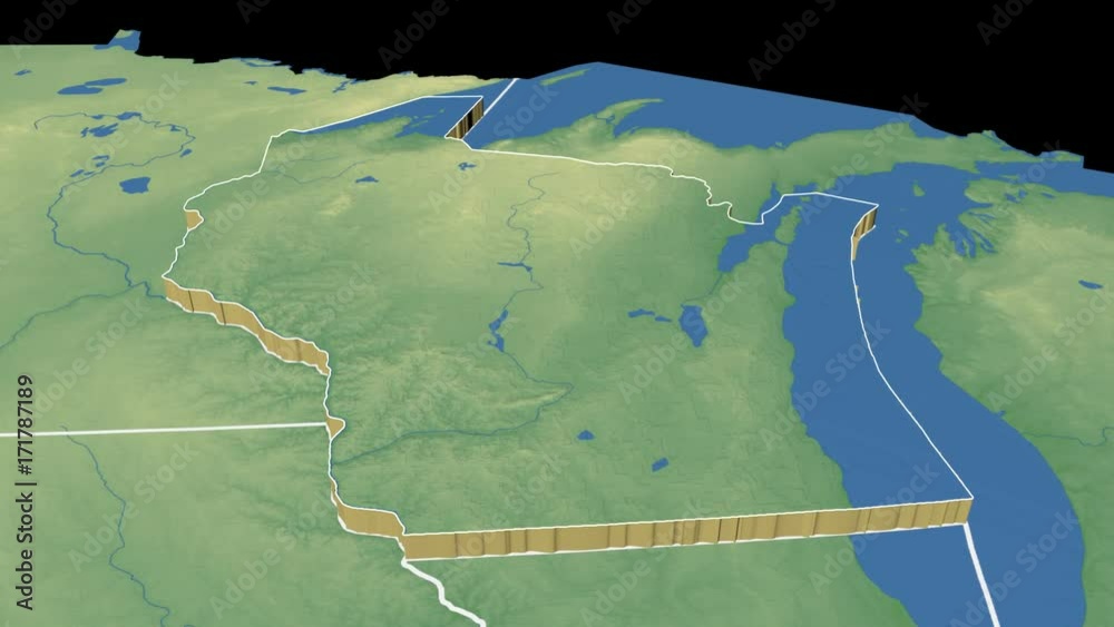 Wisconsin state (USA) extruded on the physical map of North America ...