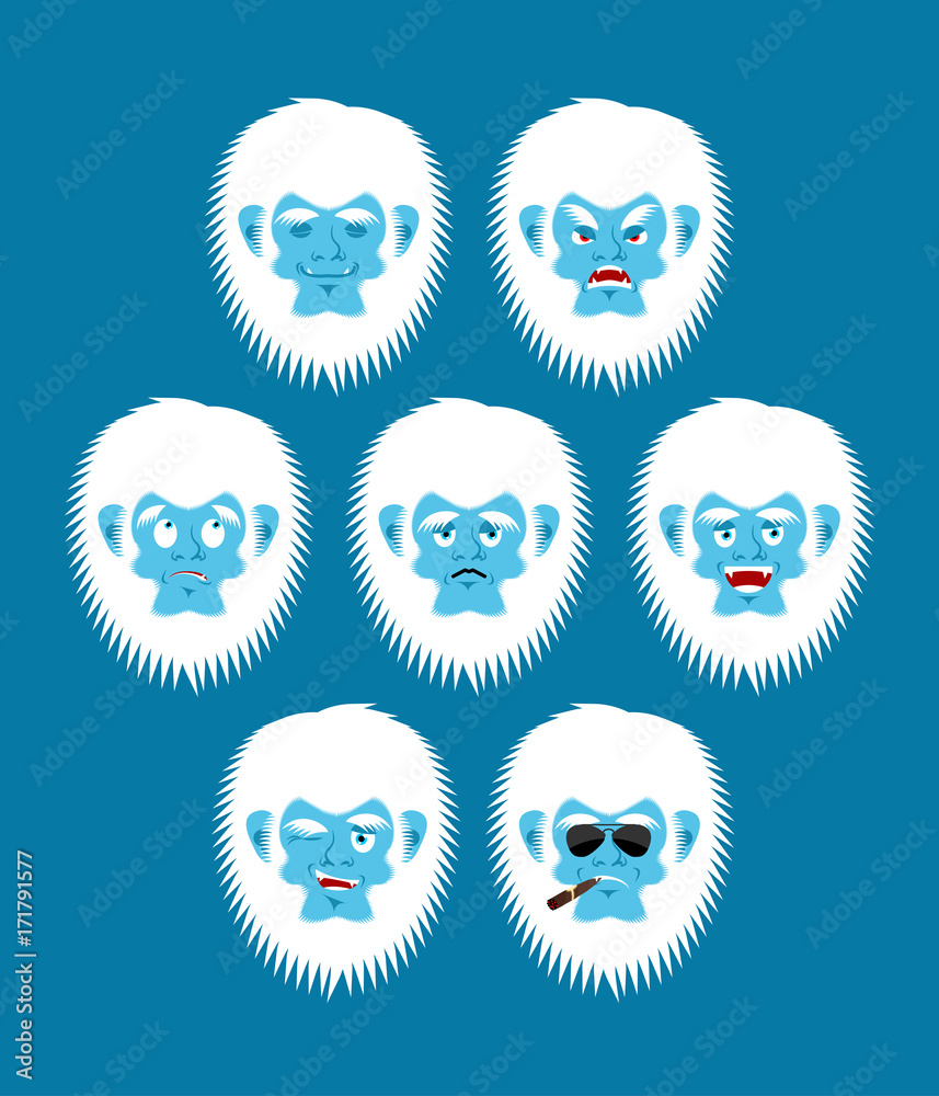 Yeti emoji set. Bigfoot sad and angry face. Abominable snowman guilty ...