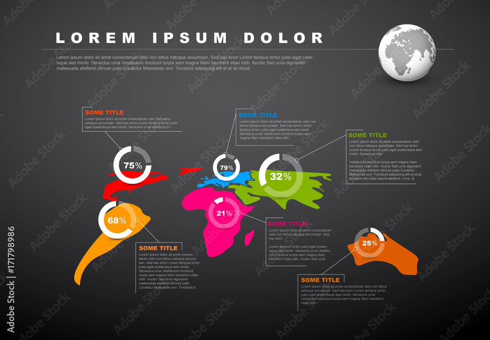 World Map Infographic with Pie Chart Elements Layout 1 Stock Template ...