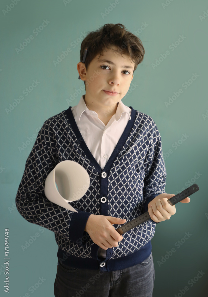 teen boy architect student close up photo with draft pencil and ruler ...
