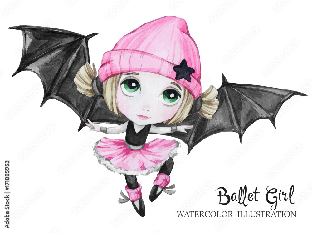 Celebration illustration. Watercolor ballet girl with bat wings. Small ...