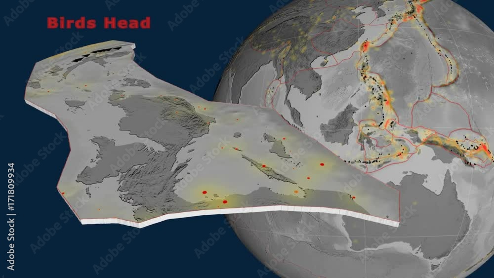 Birds Head tectonics featured. Elevation grayscale Stock Video | Adobe ...