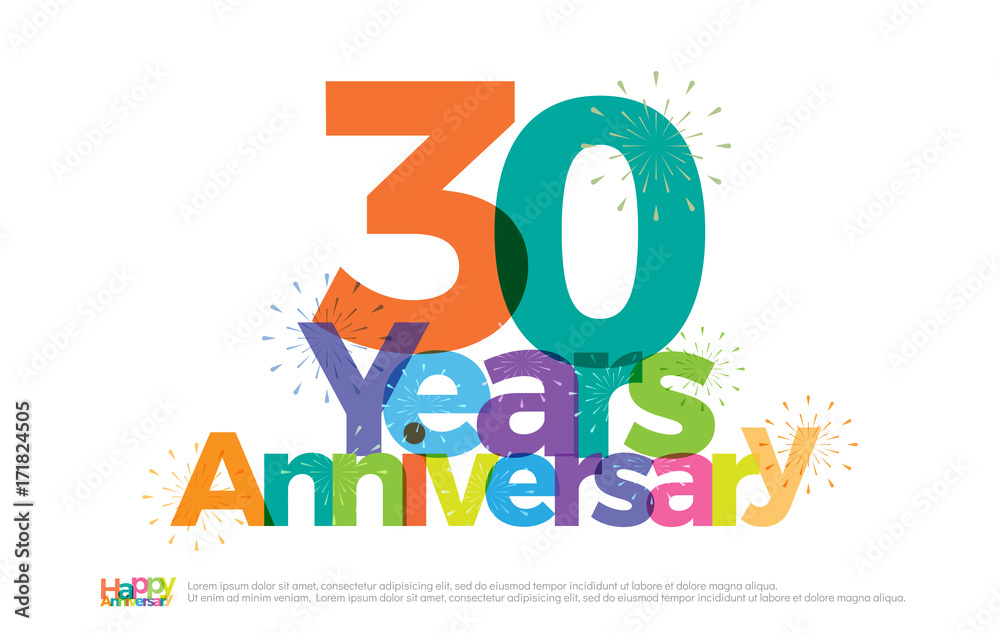 30 years anniversary celebration colorful logo with fireworks on white ...