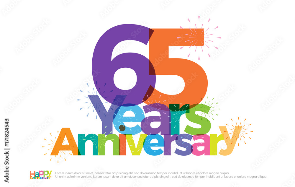 65 years anniversary celebration colorful logo with fireworks on white ...