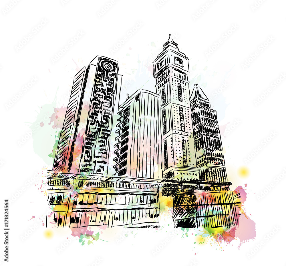 Watercolor sketch of Building view, Dubai, UAE in vector illustration ...