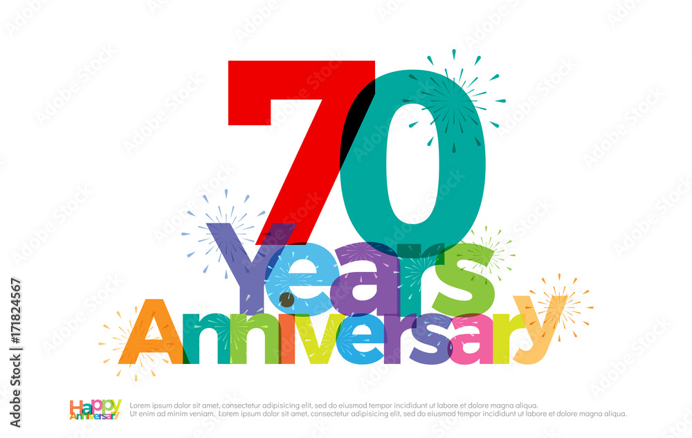 70 years anniversary celebration colorful logo with fireworks on white ...