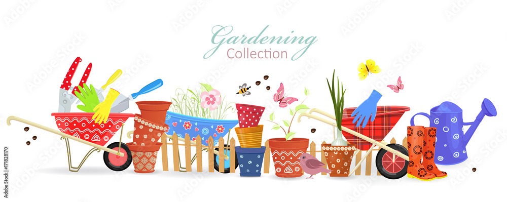 banner with border of colorful gardening tools for your design Stock ...