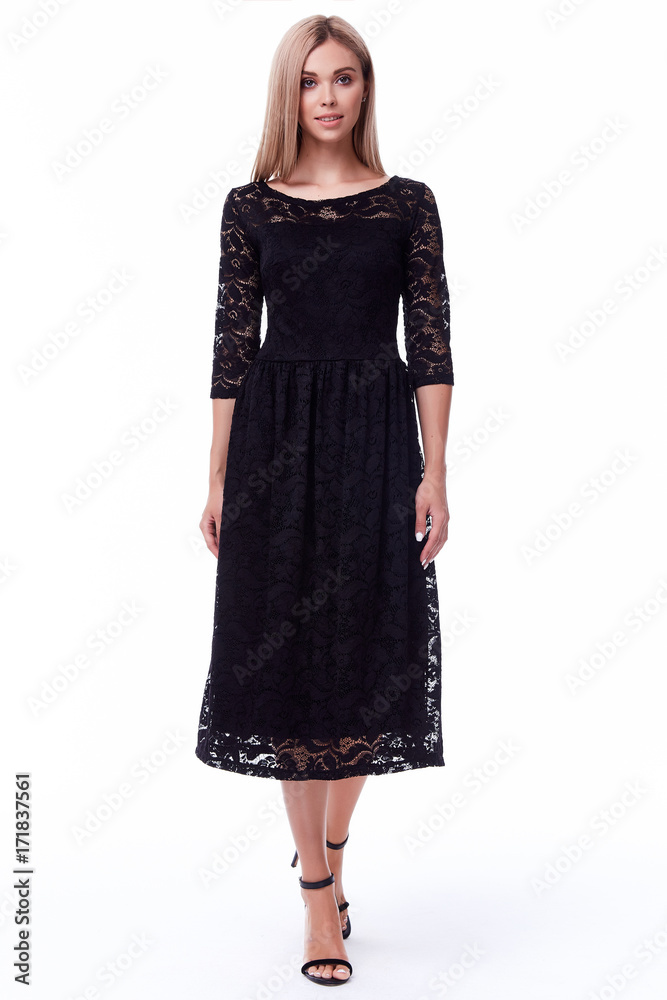 Blond hair woman wear office black dress code style pretty beautiful ...