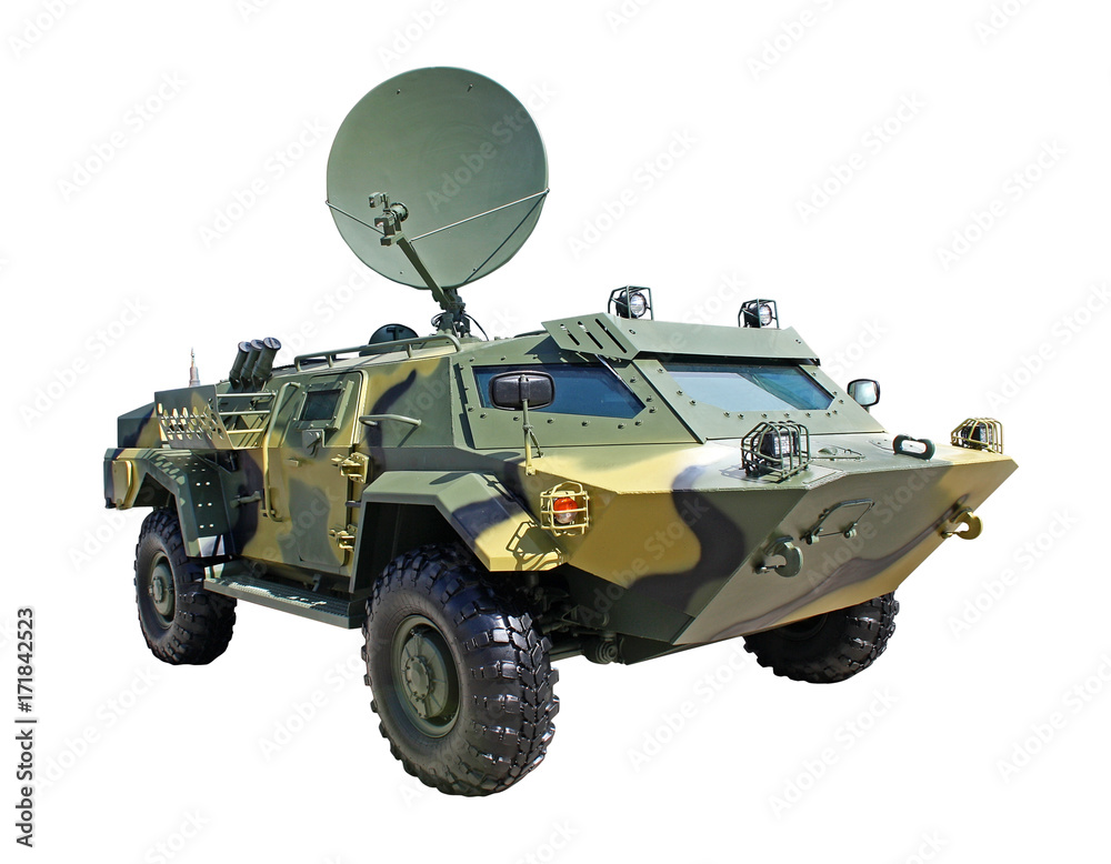 Mobile armored vehicle "Cayman" with parabolic offset antenna for space ...