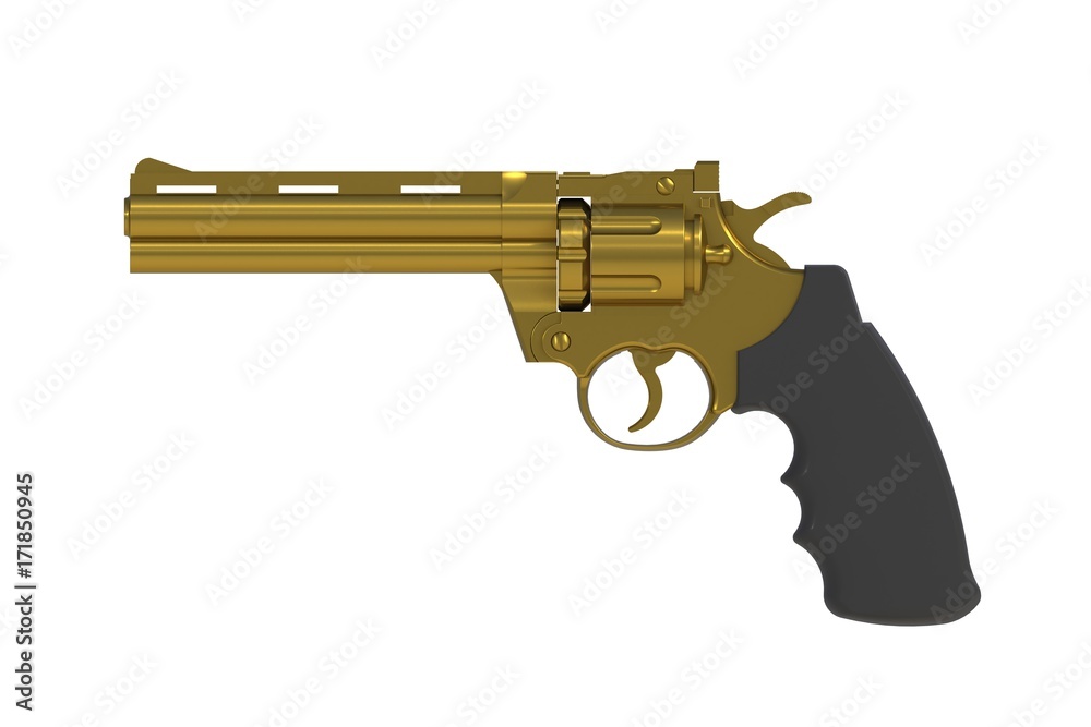 Beside view of gold revolver 357 magnum isolated on white background ...