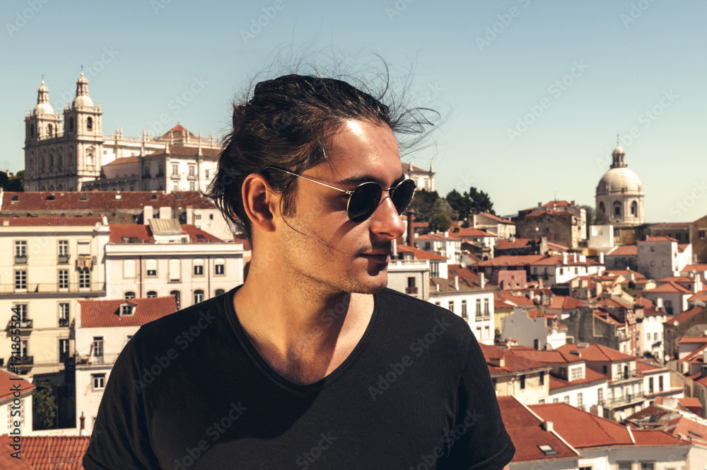 Portuguese man on the tour in Lisbon city streets and beaches Stock ...