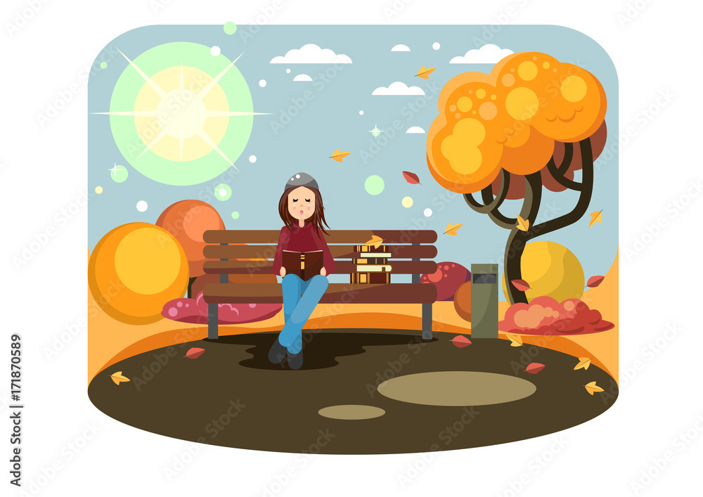Young girl reading books at park in autumn. Fall sunny day. Autumn ...