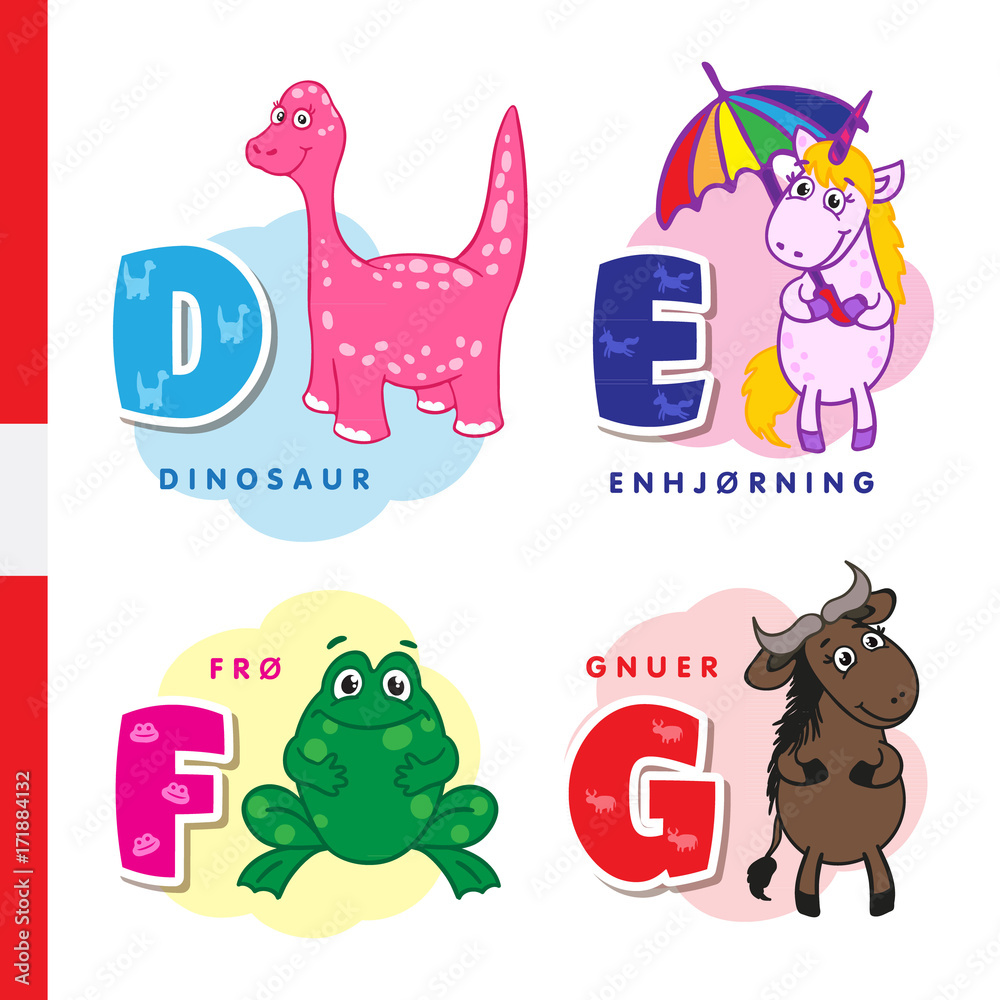 Danish alphabet. Dinosaur, unicorn, frog, wildebeest. Vector letters ...