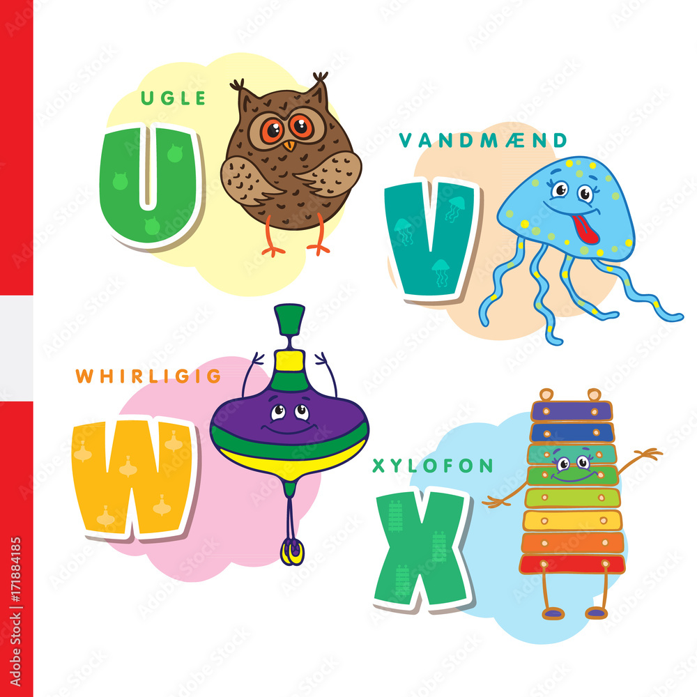 Danish alphabet. Owl, jellyfish, pinwheel, xylophone. Vector letters ...