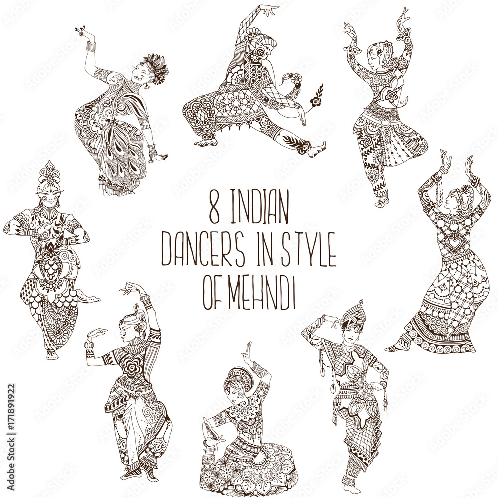 Set of Indian dance poses. 8 dancers in the style of mehendi. Stock ...
