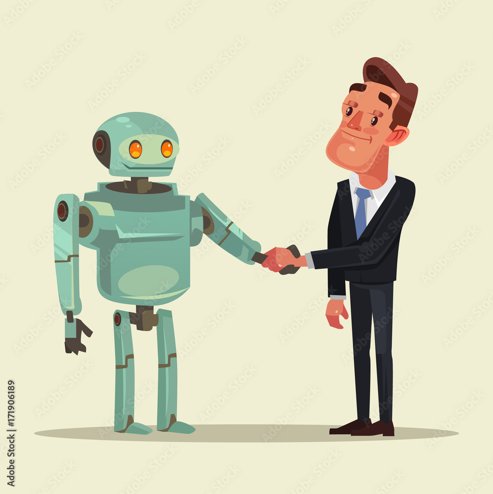 Human man and robot characters make deal and handshake. Vector flat ...