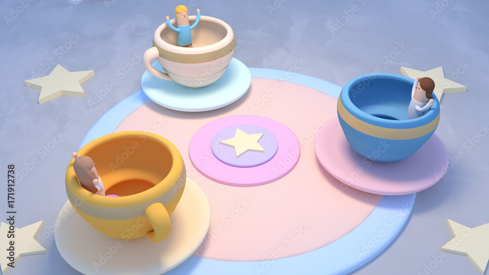 Cartoon tea cup ride at amusement park. 3d rendering picture. Stock ...