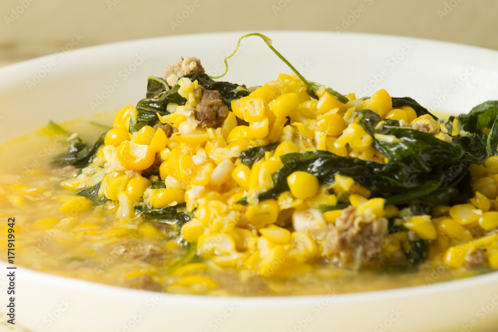 Yellow sweet corn recipe with vegetable green leaf. Stock Photo | Adobe ...