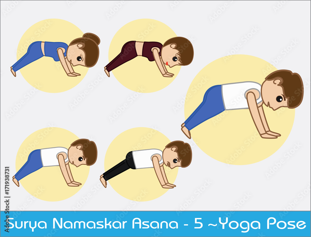 Yoga Cartoon Vector Poses - Surya Namaskar Step - 5 Stock Vector ...