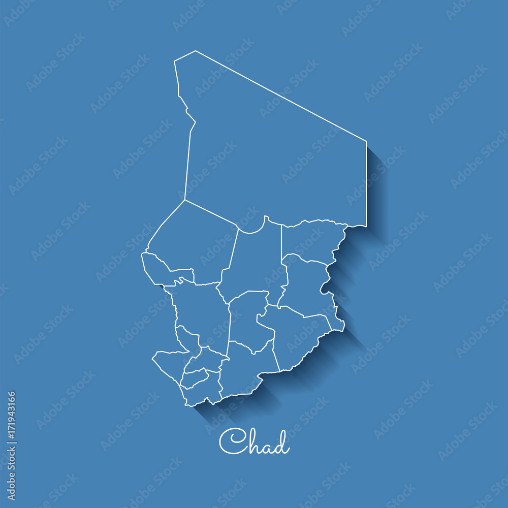 Chad region map: blue with white outline and shadow on blue background ...