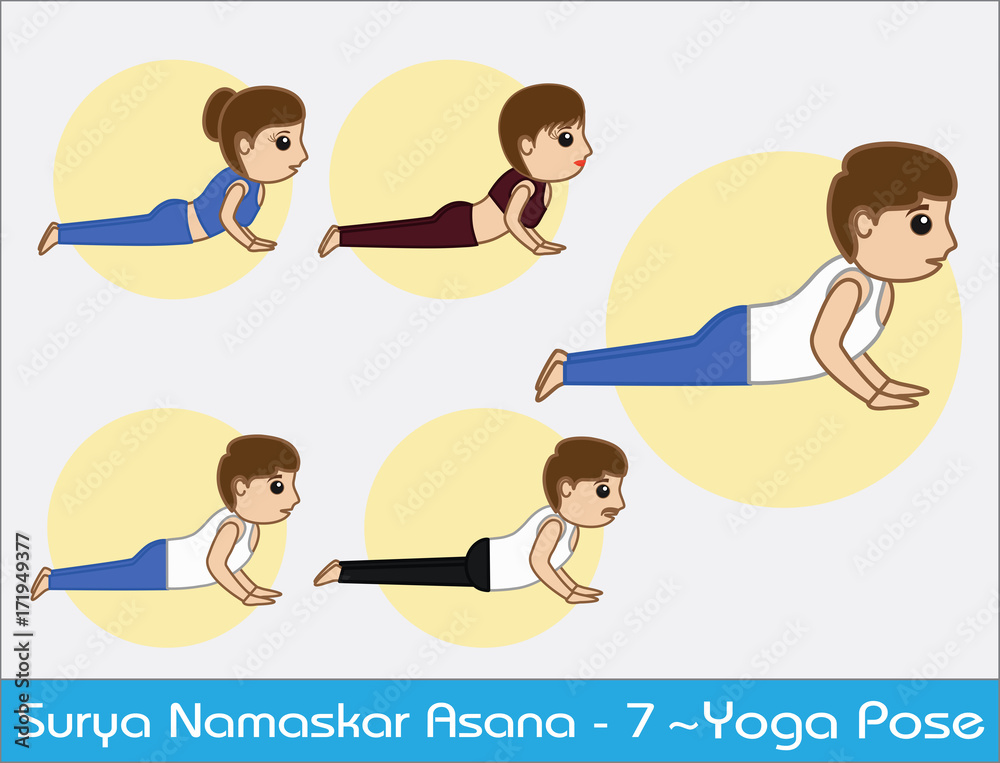 Yoga Cartoon Vector Poses - Surya Namaskar Step - 7 Stock Vector ...