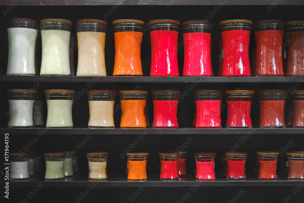 candle store scented candles shelves black background shelf matte Stock ...