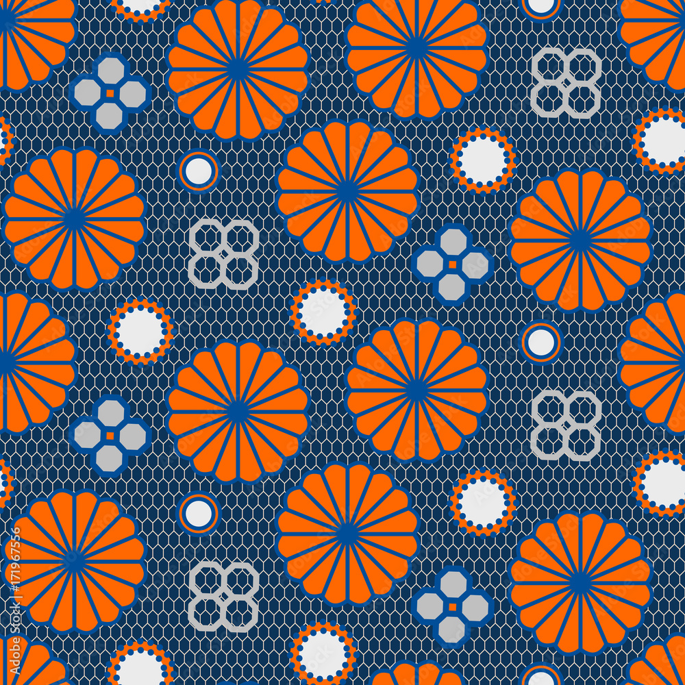 Japanese floral vector seamless pattern in blue and orange mesh color ...