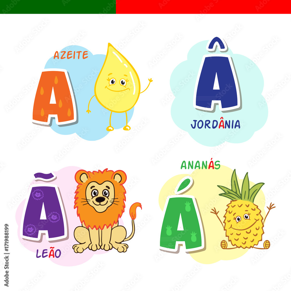Portuguese alphabet. Olive oil, lion, pineapple. The letters and ...