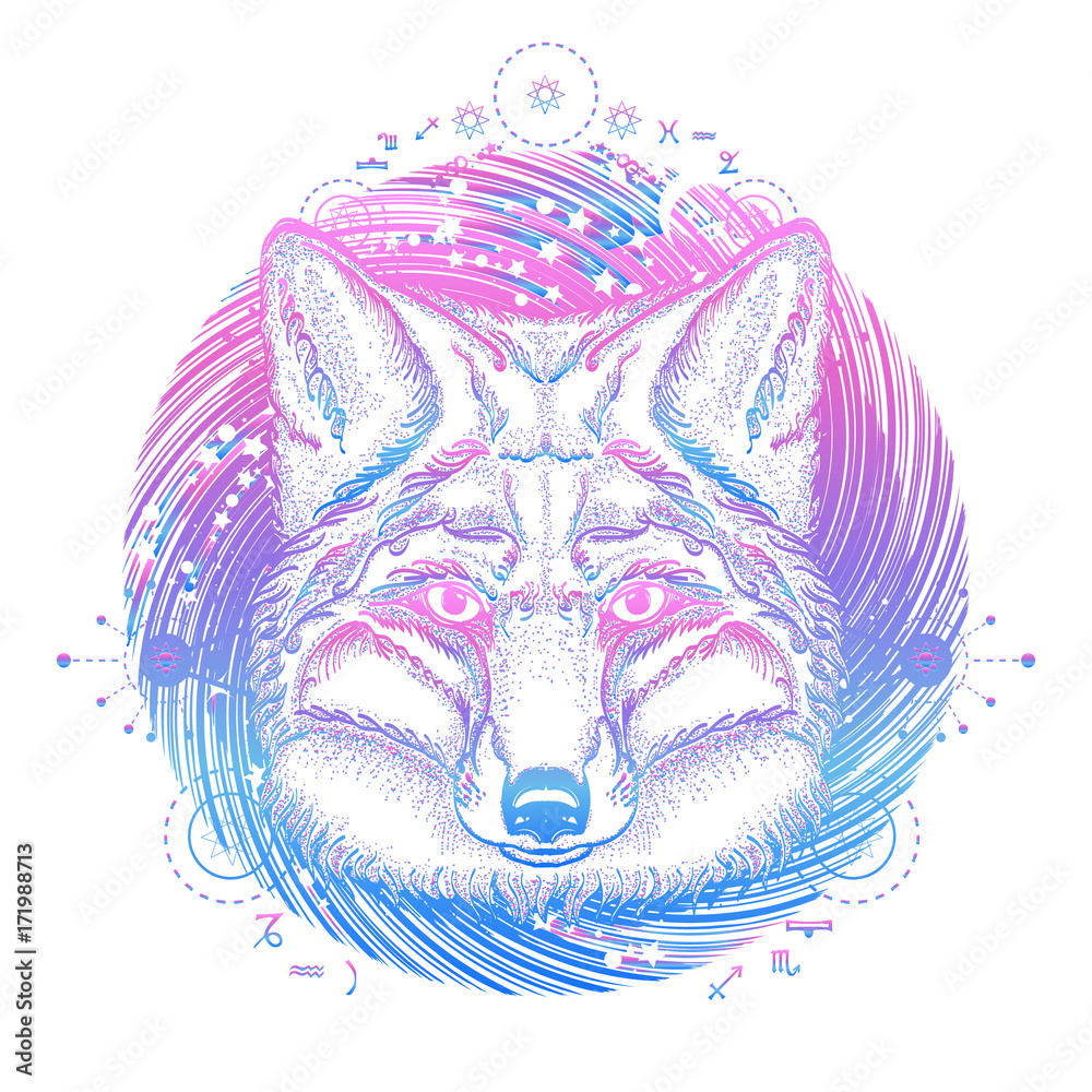 Magic fox tattoo. Symbol of a travel, freedom, tourism. Ethnic style t ...