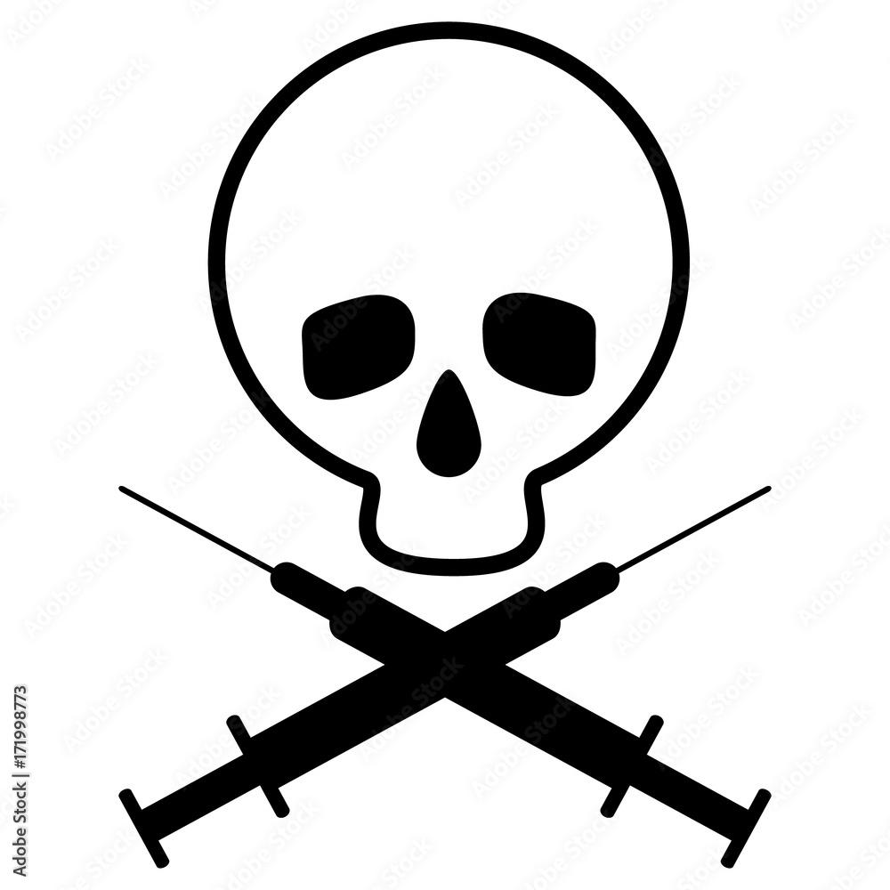 Skull with crossed syringes. Black and white icon. Promoting fight ...