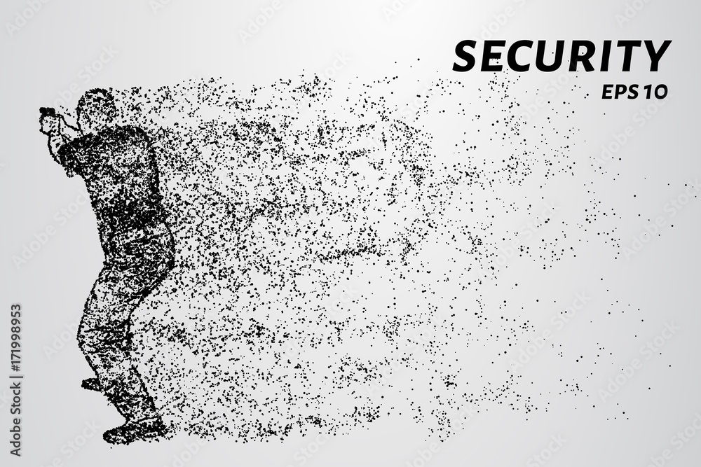 Security from the particles. Security guard fires his gun. Vector ...