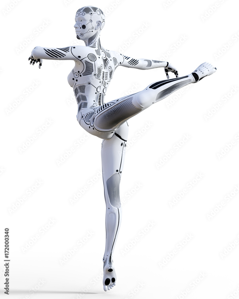 Dancing robot woman. White metal droid. Artificial Intelligence ...
