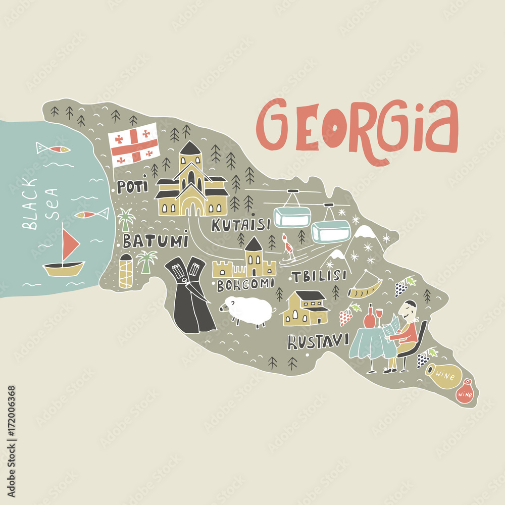 Unique hand drawn cartoon map of Georgia. Vector illustration Stock ...