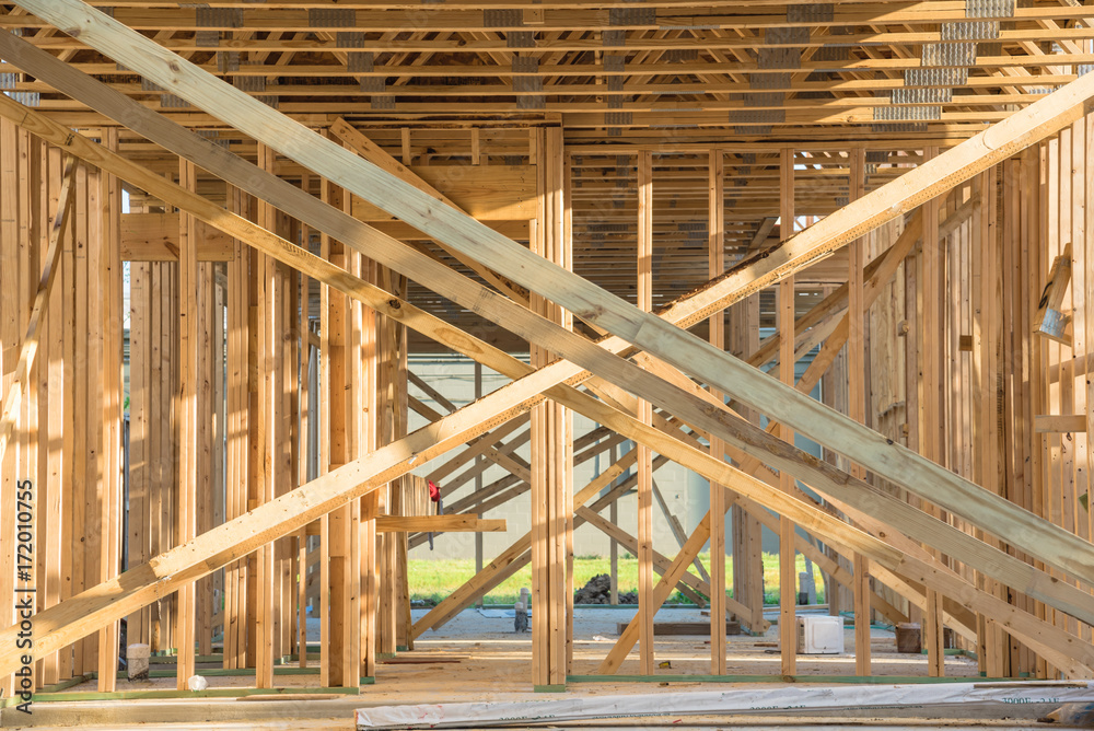 Close up frame of new stick built home under construction at Boulevard ...