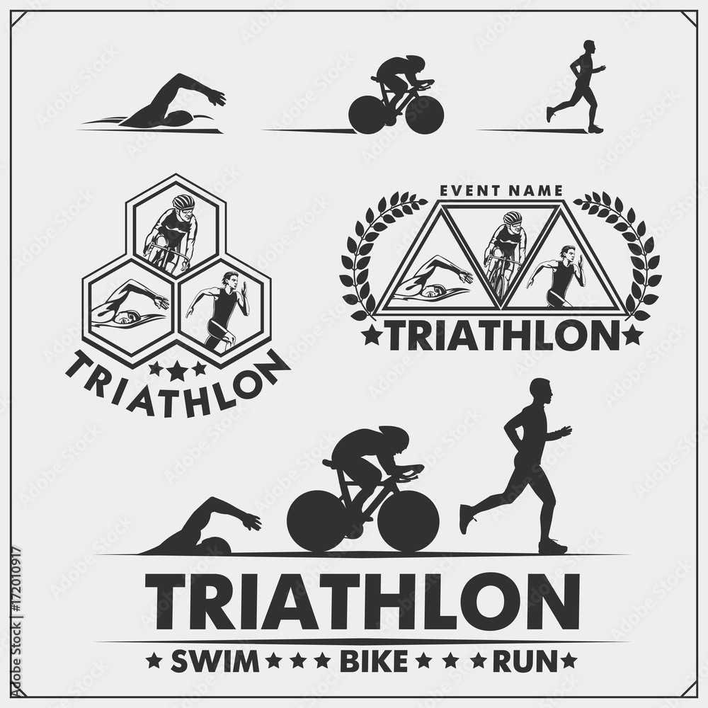 Set of triathlon labels, emblems badges and design elements. Swimming ...