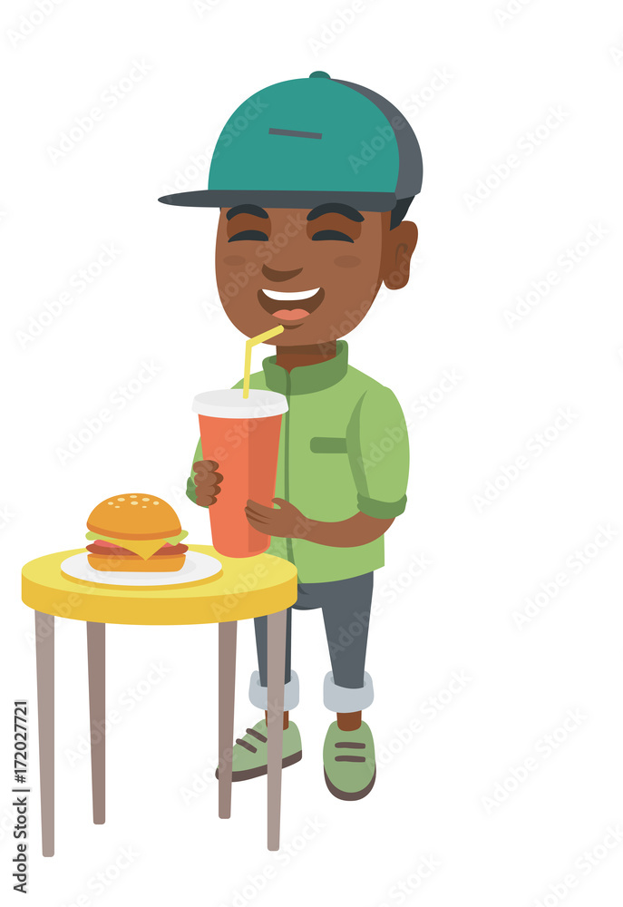 Little african-american laughing boy drinking soda and eating ...