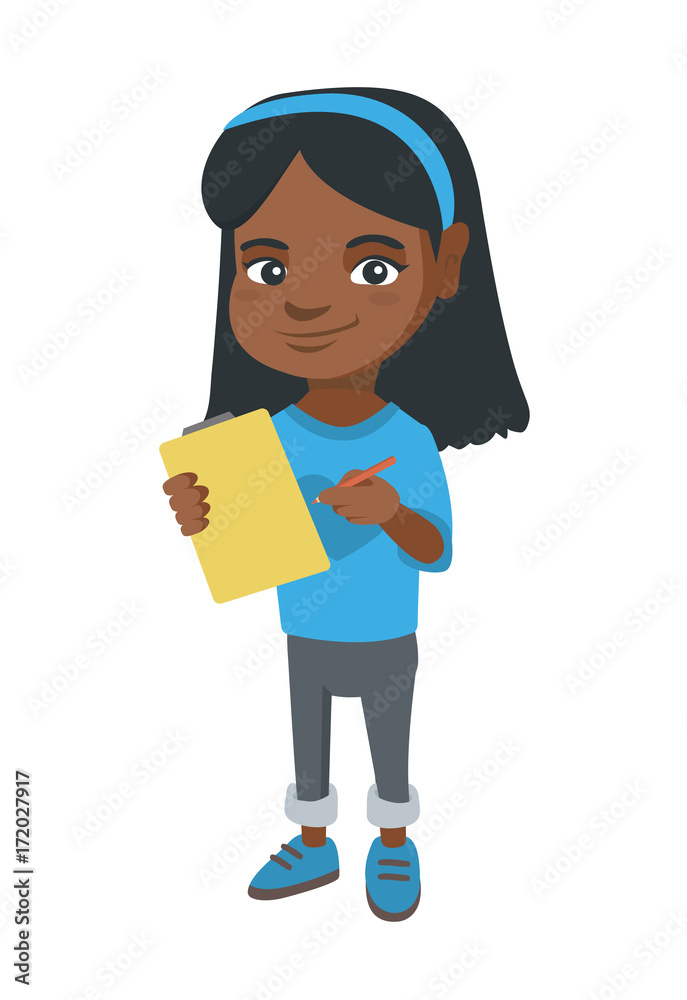 Happy little african-american girl writing on the paper attached to a ...