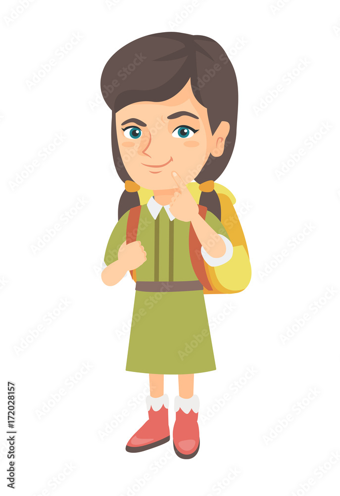 Thoughtful little girl thinking and holding finger on her chin ...