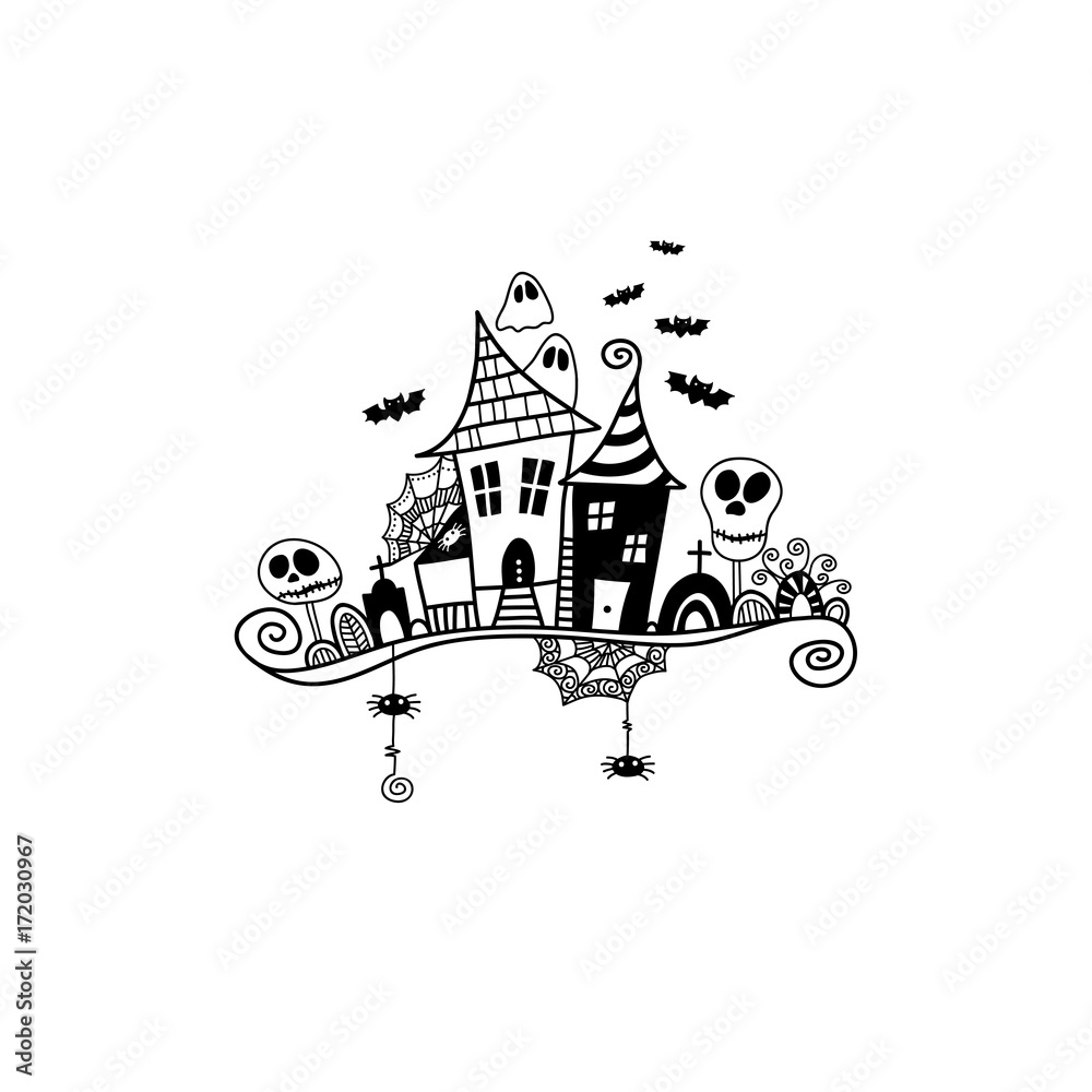 Halloween haunted house doodle vector illustration surrounded by skulls ...