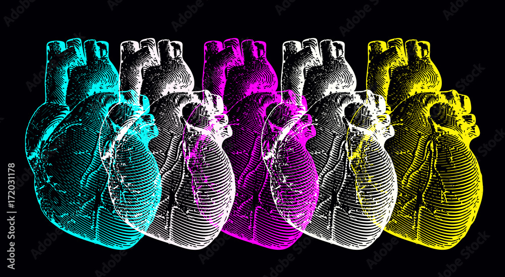 Engraving human heart illustration set isolated on black BG Stock ...