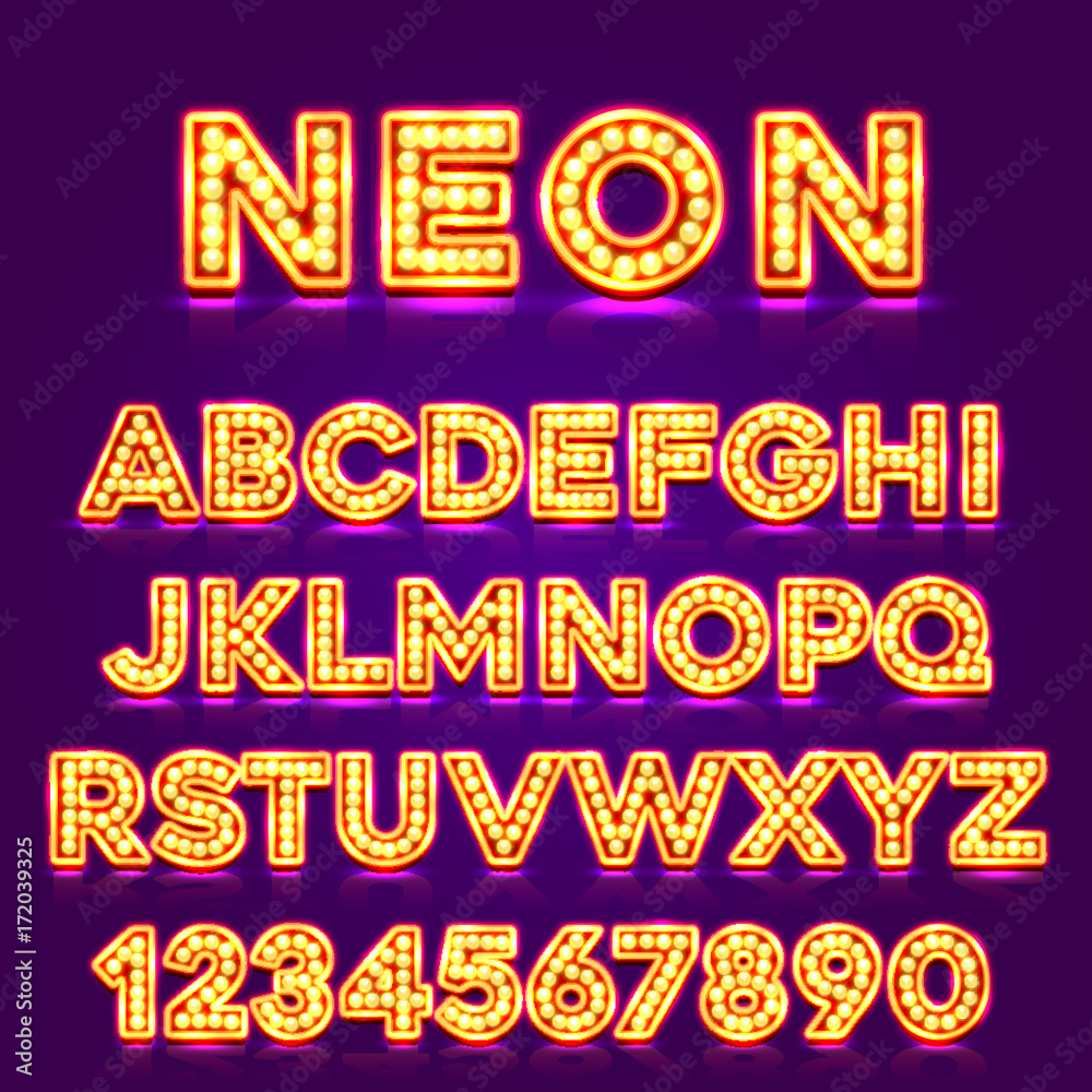 Red fluorescent neon font on dark background. Nightlight alphabet ...