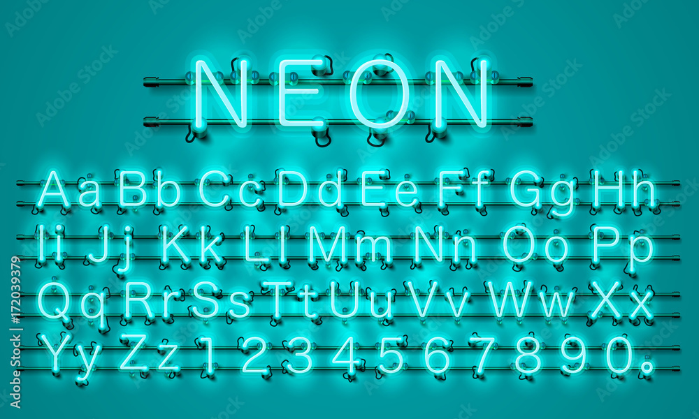 Neon city color lime green font. English alphabet and numbers sign ...