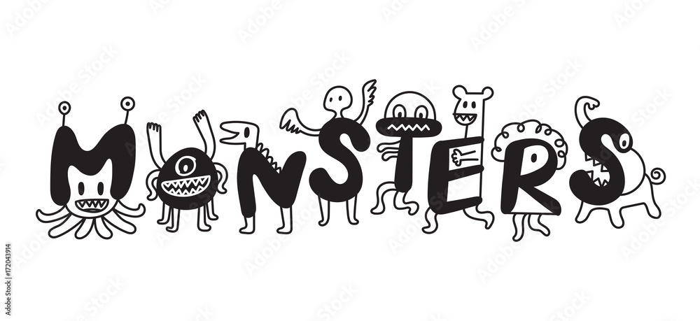 Cute Monsters Cartoon Characters, Text and Drawing Vector Illustration ...
