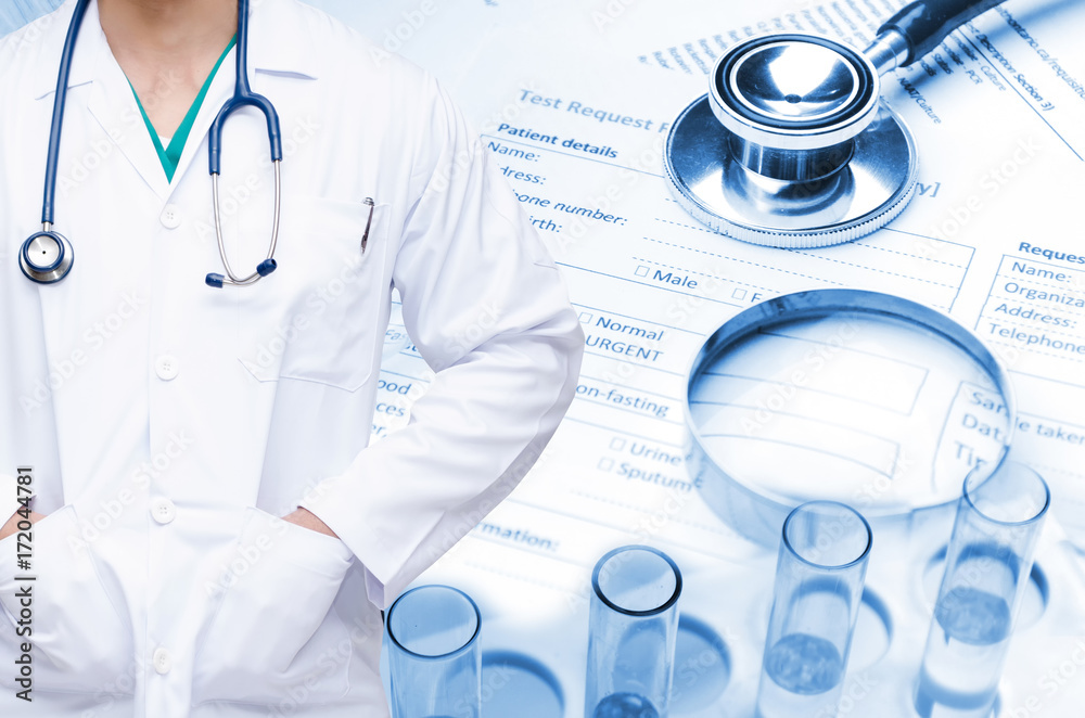 smart doctor with a stethoscope around his neck with double exposure ...