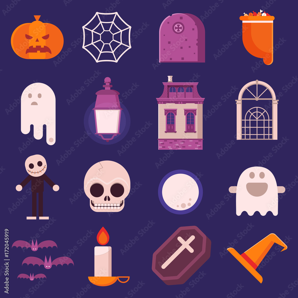Halloween vector icons set in flat design. Including sweets bag ...