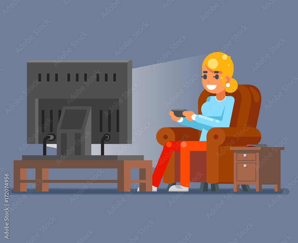 Gamer Young Girl Watching TV Playing Game Sit Armchair Cartoon ...