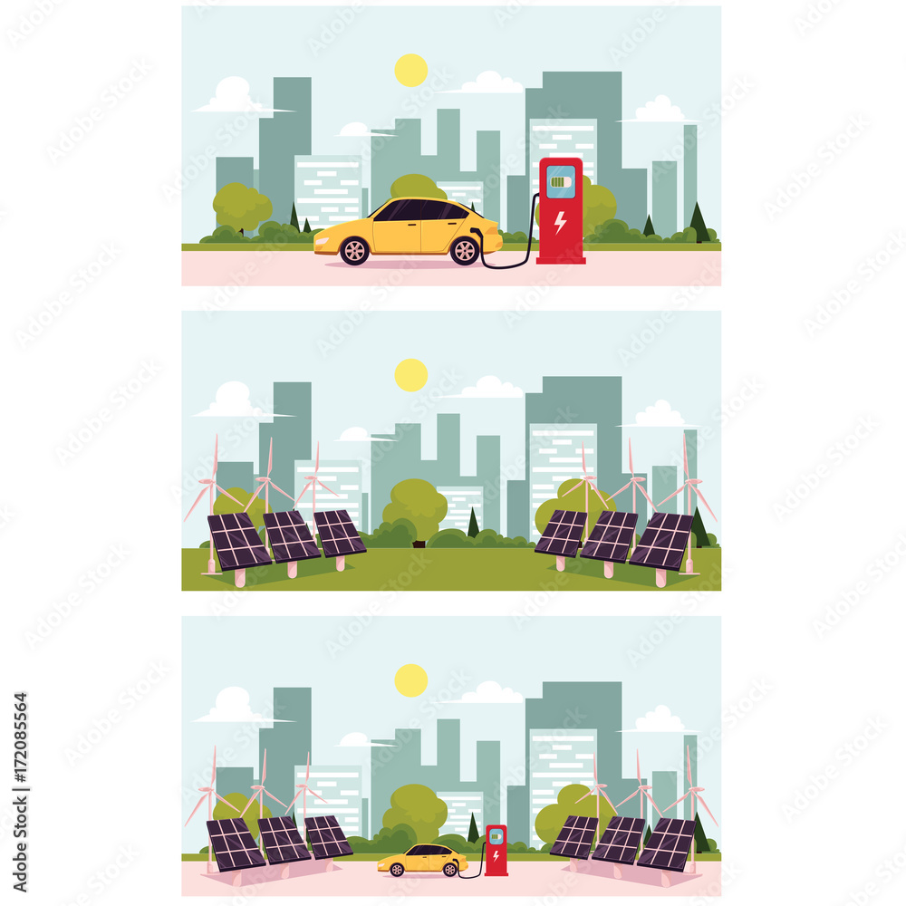 vector flat cartoon Alternative eletricity source scenes set. solar ...