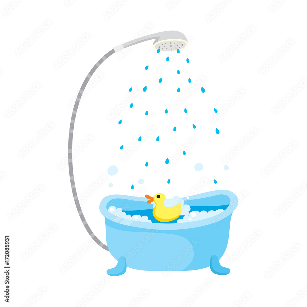 vector flat cartoon ceramic empty bathtube with shower, bubbles and ...